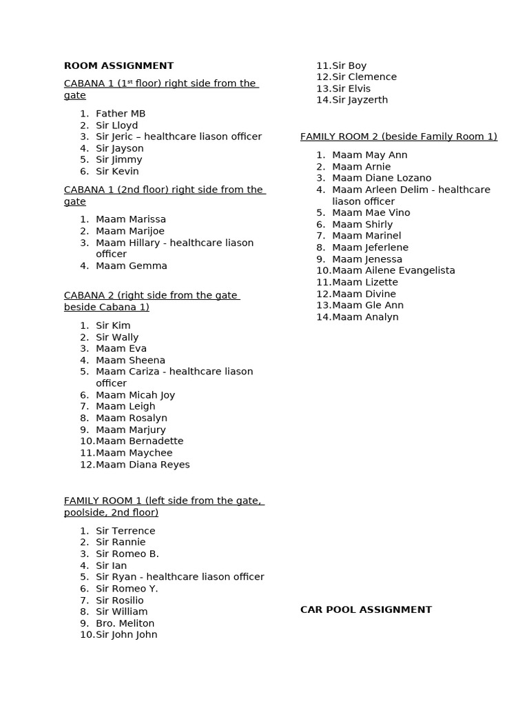 Room Car Pool Assignment | PDF