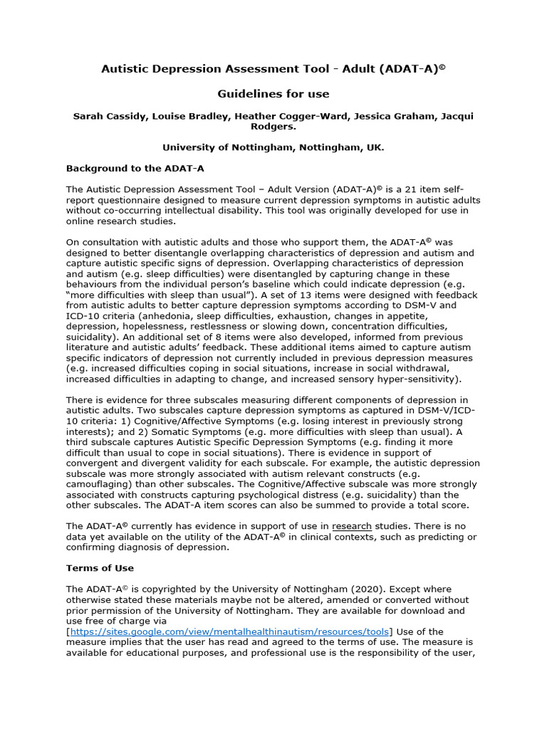 Autistic Depression Assessment Tool - Adult | PDF