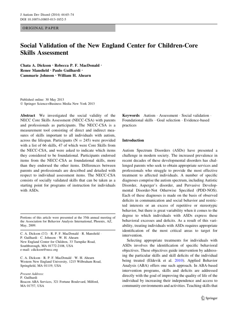 Social Validation of The New England Center For Children-Core Skills ...