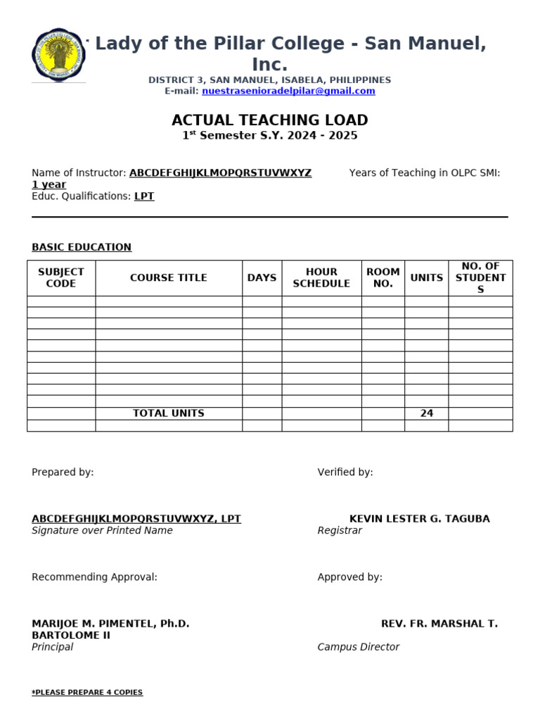 Actual Teaching Load Format | PDF