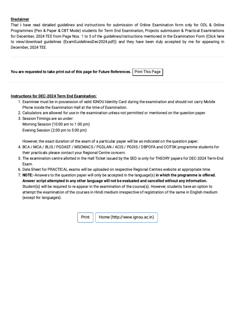 IGNOU - Examination Form Acknowledgement | PDF