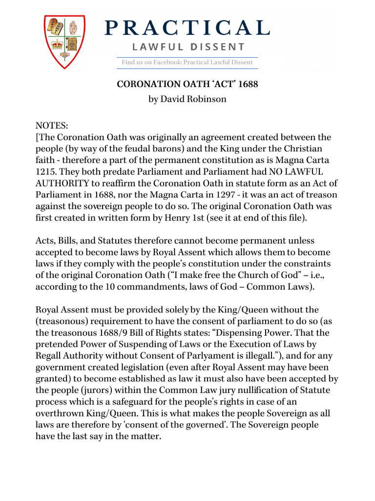 Coronation Oath 'Act' 1688 DR | PDF