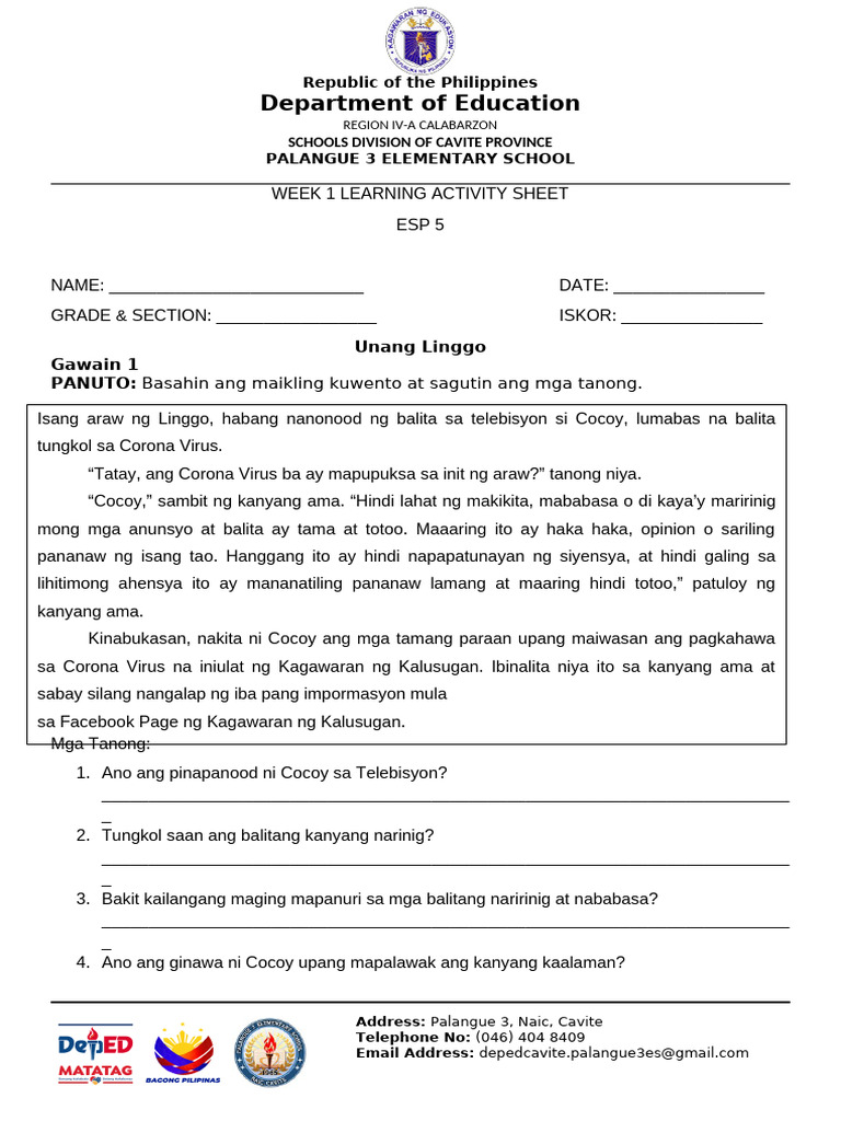 Esp 5 Week 1 Quiz | PDF