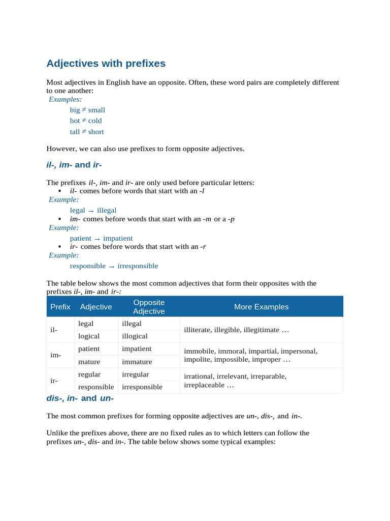 English Adjectives With Prefixes Table | PDF