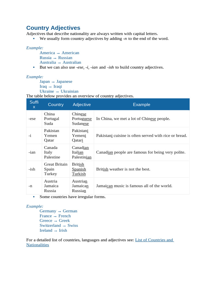 English Country Adjectives Table | PDF