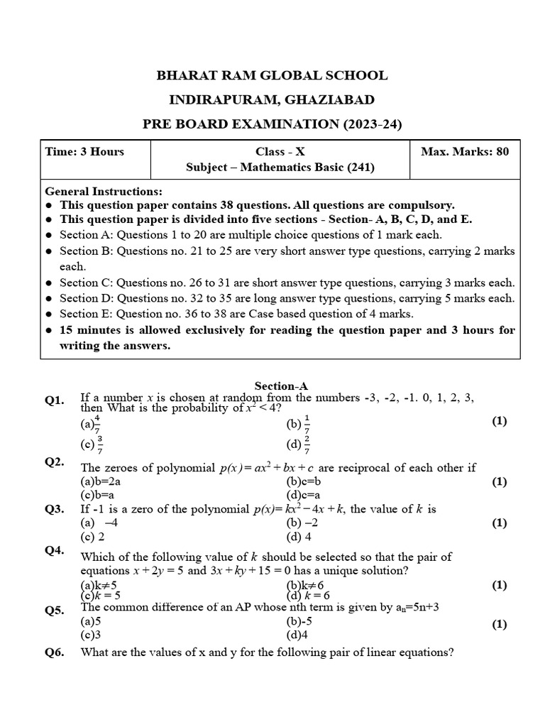 Class X Pre-Board Math Exam | PDF | Qualifications | Teaching Methods ...