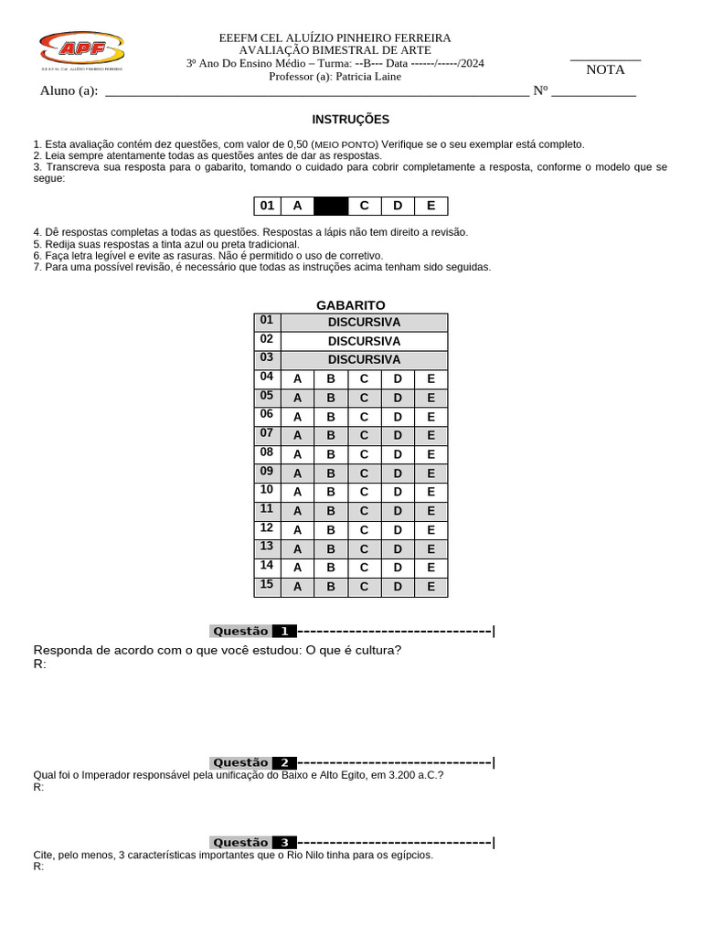 Ava 3ºano 2 Bim Apf | PDF