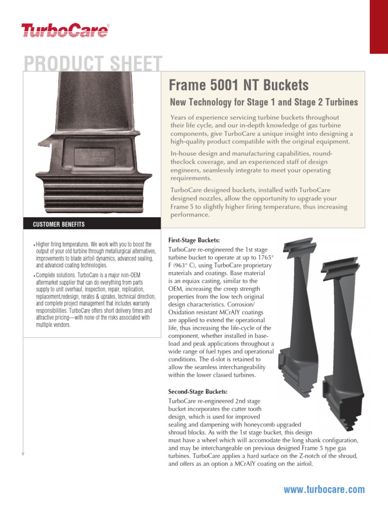Frame 5001NT Bucket Product Sheet | PDF | Gas Turbine | Home & Garden