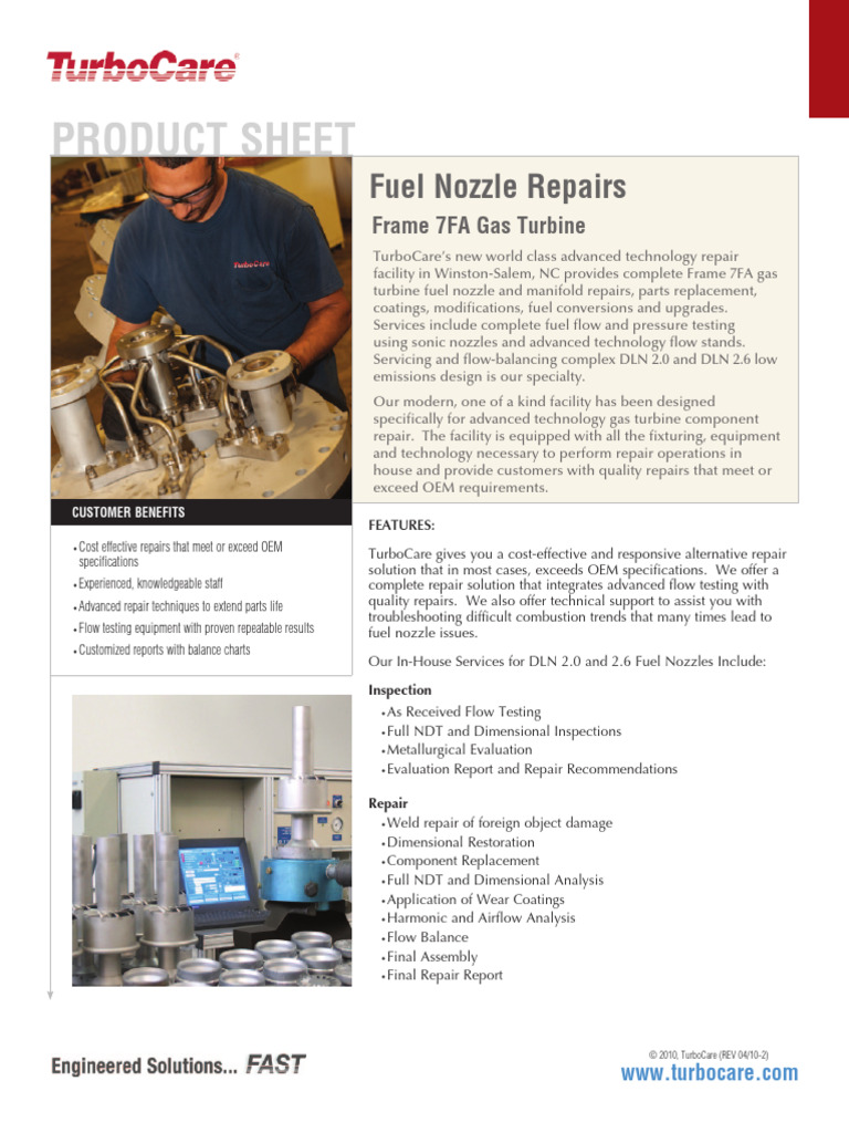 7FA Gas Turbine Fuel Nozzle Repair Product Sheet | PDF