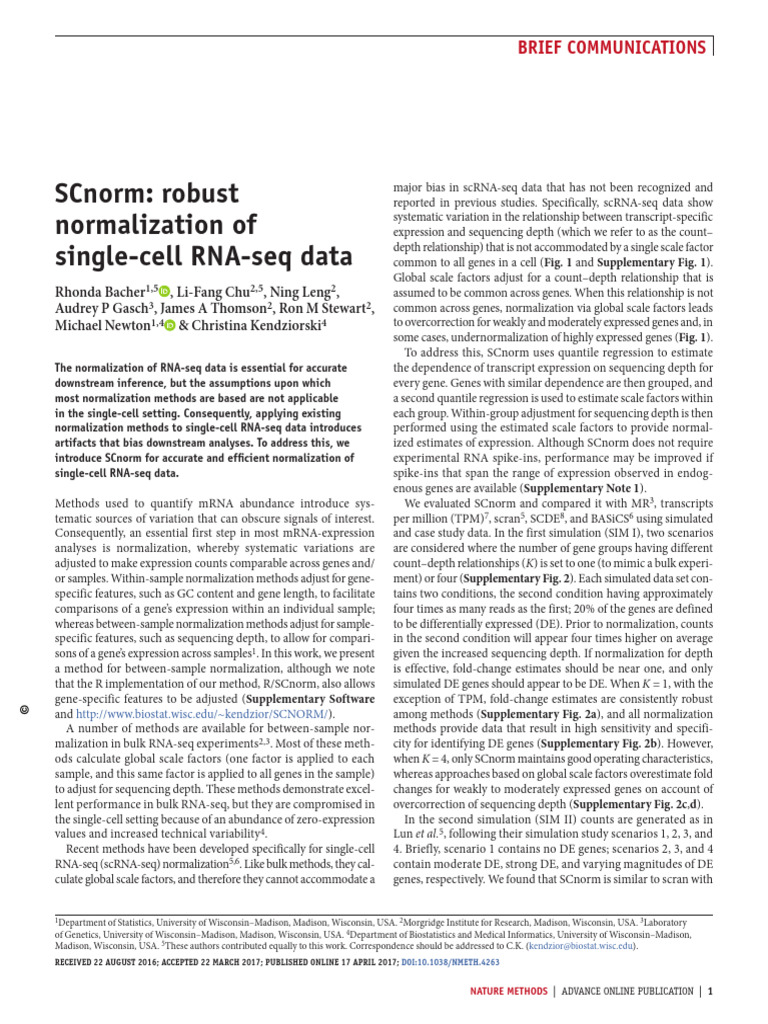 Bacher Et Al. - 2017 - SCnorm Robust Normalization of Single-Cell RNA-seq Data | PDF