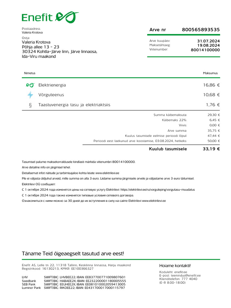 Eestienergia Arve 800565893535 | PDF