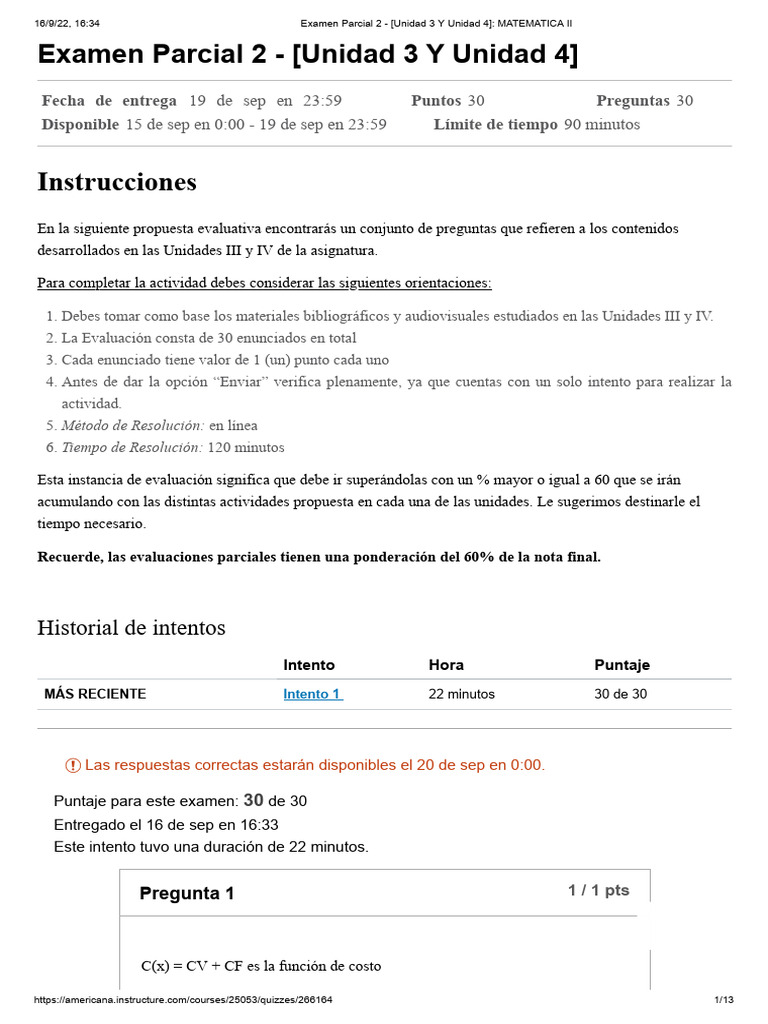 Examen Parcial 2 - (Unidad 3 Y Unidad 4) - MATEMATICA II | PDF