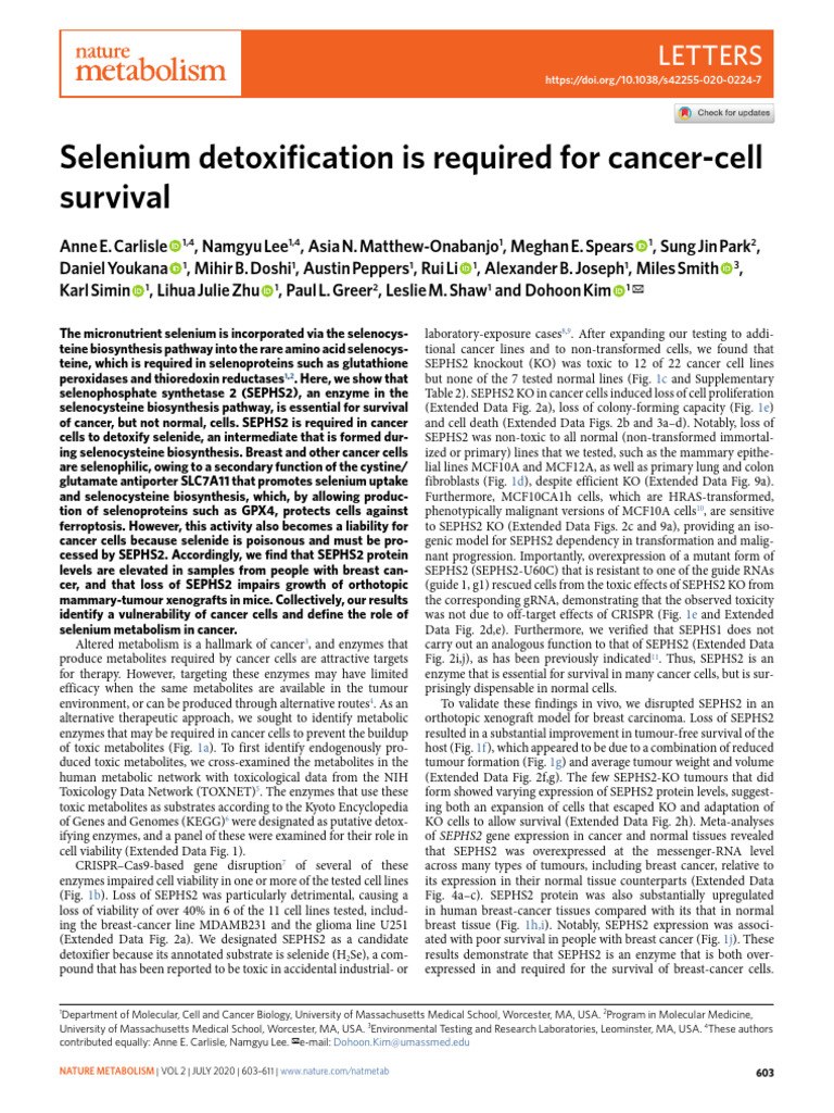 Selenium Detoxification Is Required For Cancer-Cell Survival | PDF