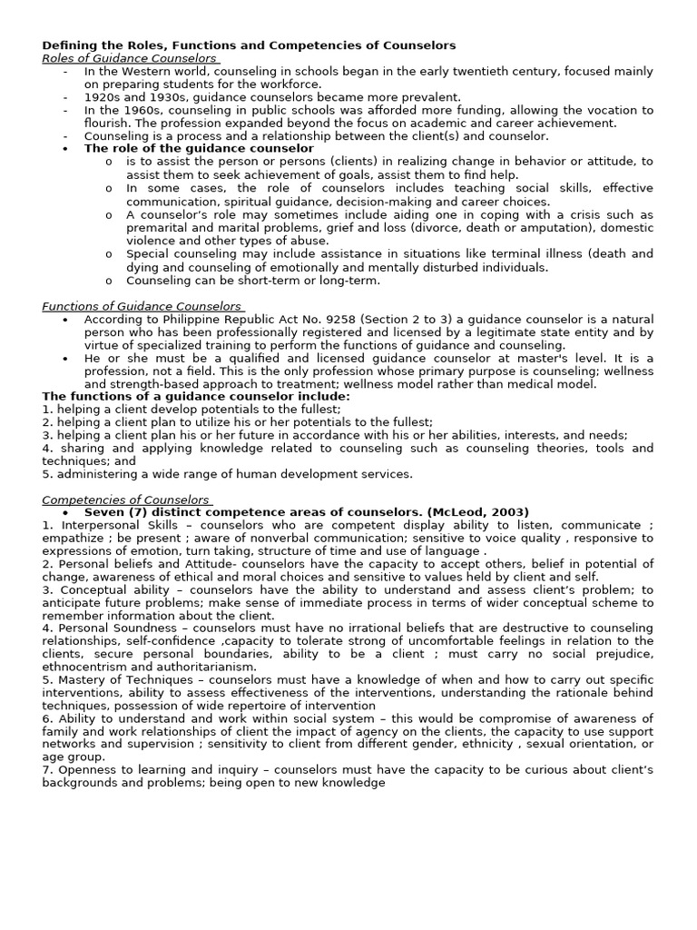 Defining The Roles, Functions, and Competencies of Counselors | PDF