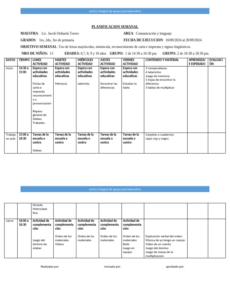 Modelo de Planificacion Semanal CENTRO INTEGRAL | PDF