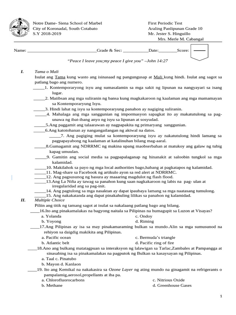 Grade 10 1st G Exam | PDF