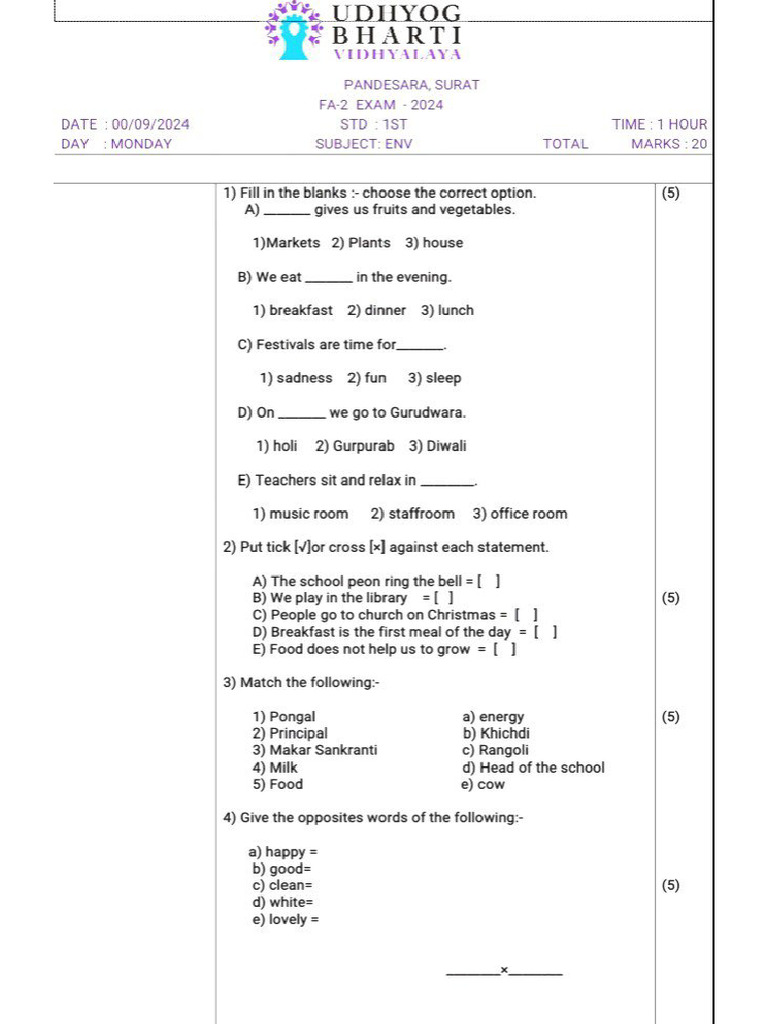 1st - 1 FA-2 Exam Papers.... English and ENV | PDF