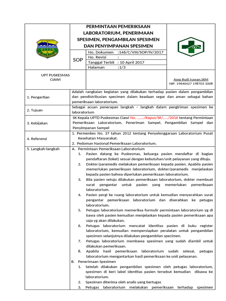 8.1.2.1 Permintaan Pemeriksaan Laboratorium, Penerimaan Spesimen, Pengambilan Spesimen Dan ...