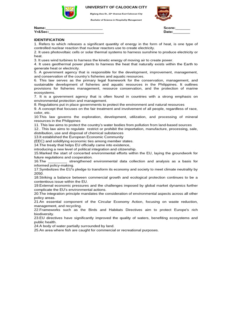 Energy and Environmental Laws Quiz | PDF | European Union | Power Station