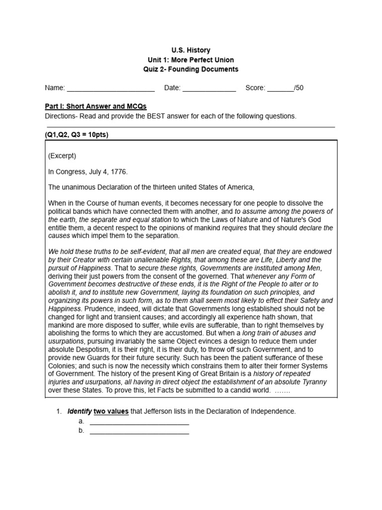 U.S. History - Unit 1 Quiz 2 (Founding Documents) | PDF