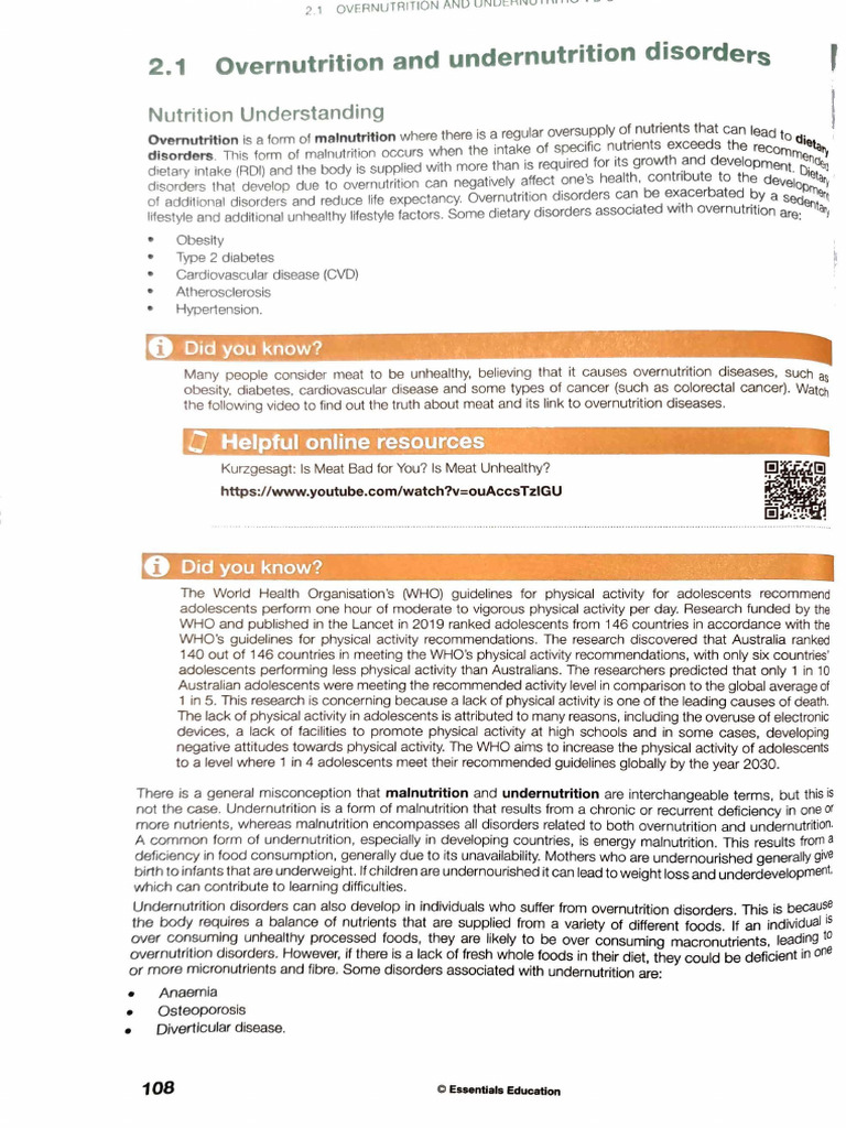 Overnutrition and Under Nutrition Disorders | PDF