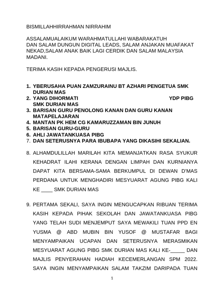 Ucapan Perasmian Pibg Sabtu | PDF