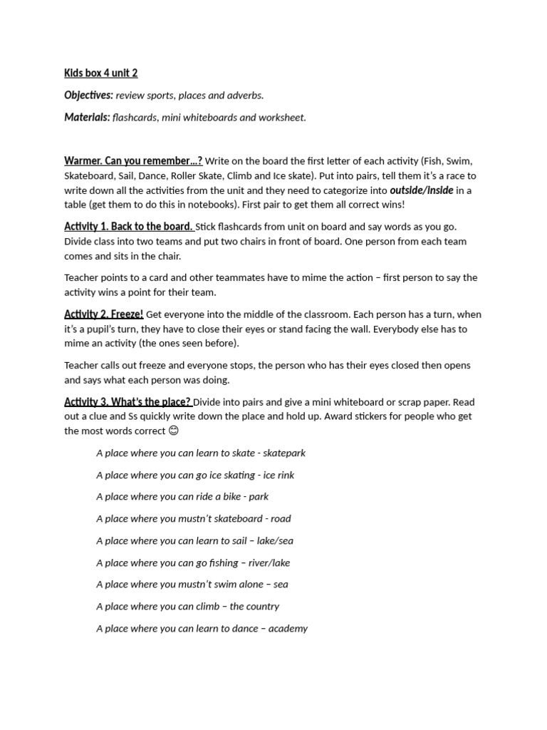 Kids Box 4 Unit 2 Activities Overview | PDF