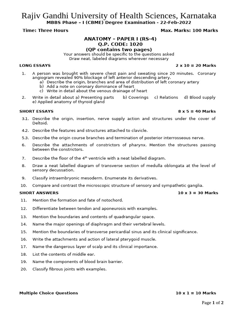 MBBS Anatomy Exam Paper I - RGUHS | PDF | Coronary Circulation | Social ...