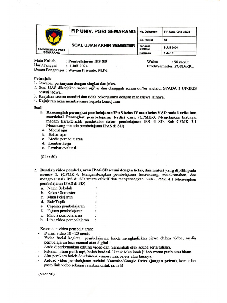 Soal Uas Pembelajaran Ips SD-1-2 | PDF