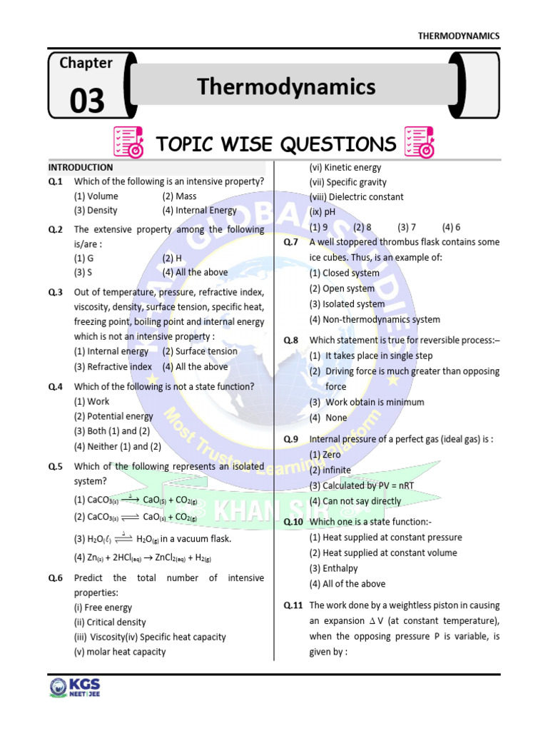Thermodynamics (Topic Wise Questions) - 7408580355 | PDF | Heat ...
