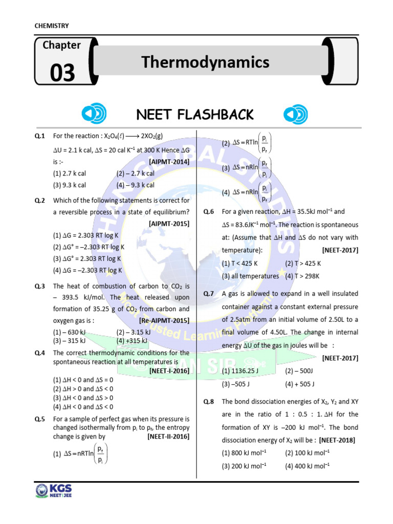 Thermodynamics (NEET FlashBack) - 7408580355 | PDF