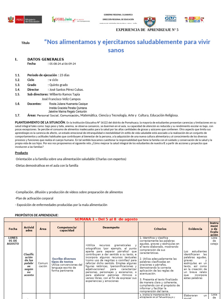 EDA 5 NOS ALIMENTAMOS Y JERCITAMOS SALUDABLEMENTE PARA VIVIR SANOS Quinto Grado | PDF | Ángulo ...