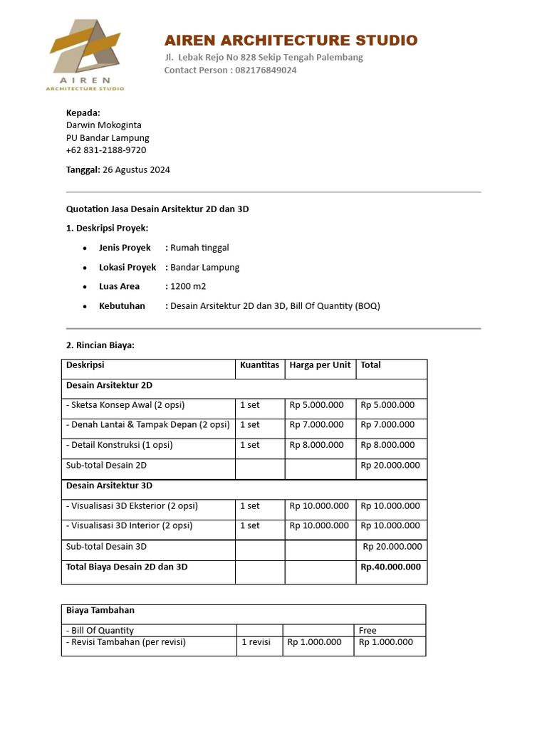 Quotation Jasa Desain Arsitektur Airen Architect | PDF