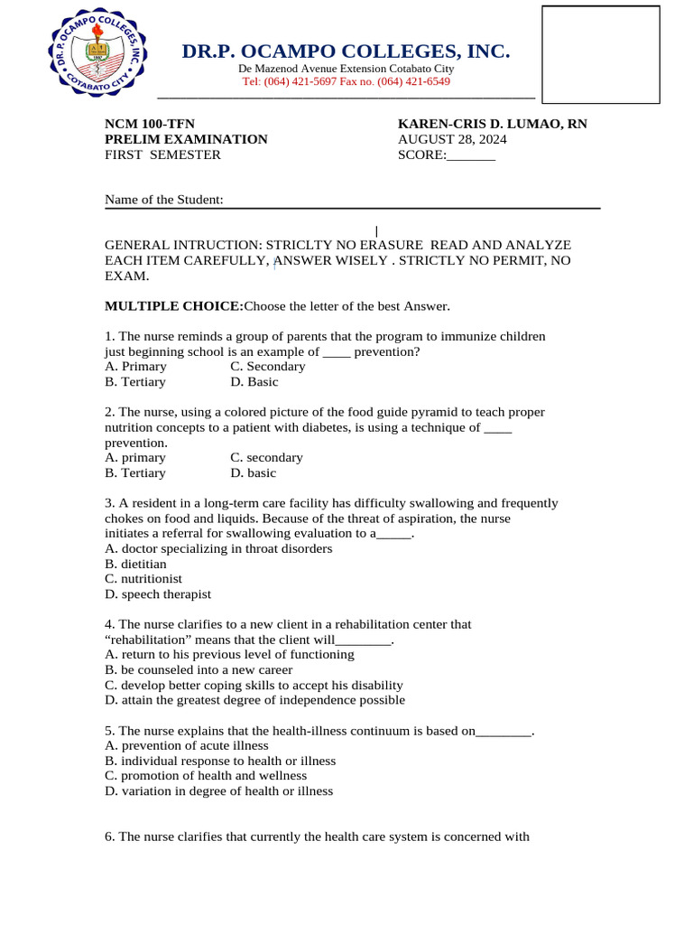 NCM 100 First Prelim Exam | PDF