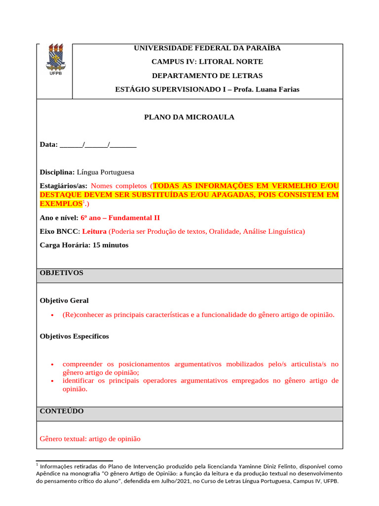 Modelo Plano de Aula | PDF