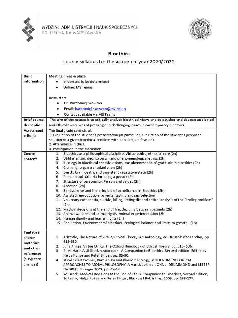 Bioethics - Course Syllabus 2024-2025 | PDF