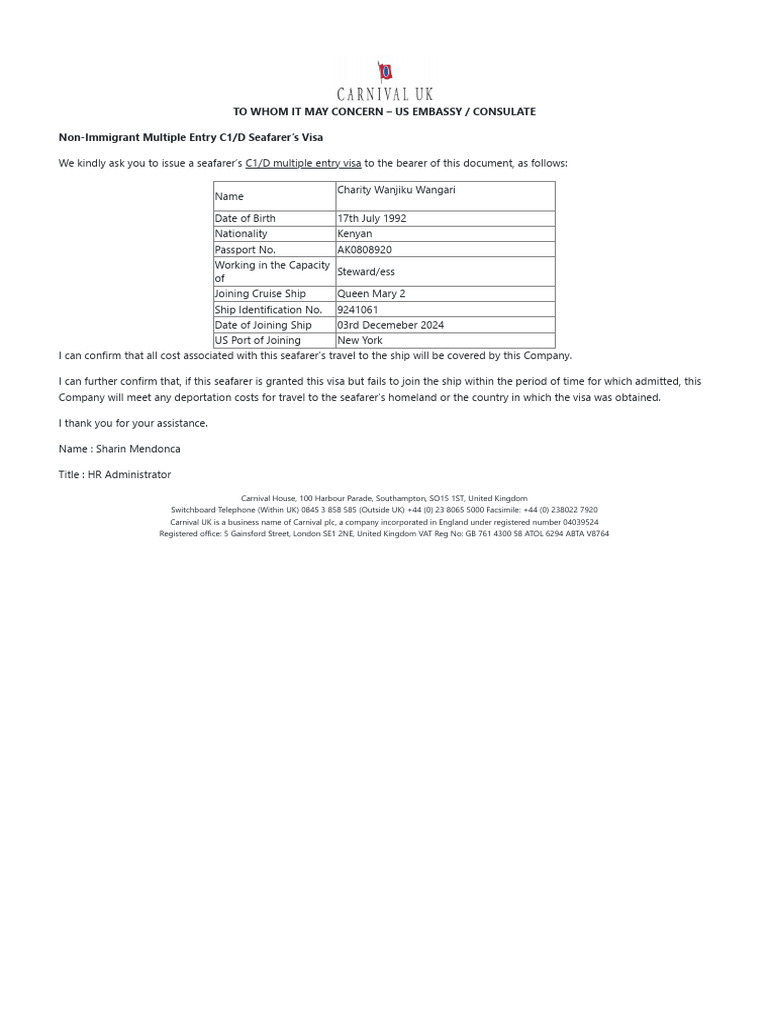 C1D VISA Supporting Letter | PDF