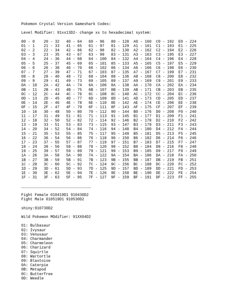 Pokemon Crystal Gameshark Codes | PDF