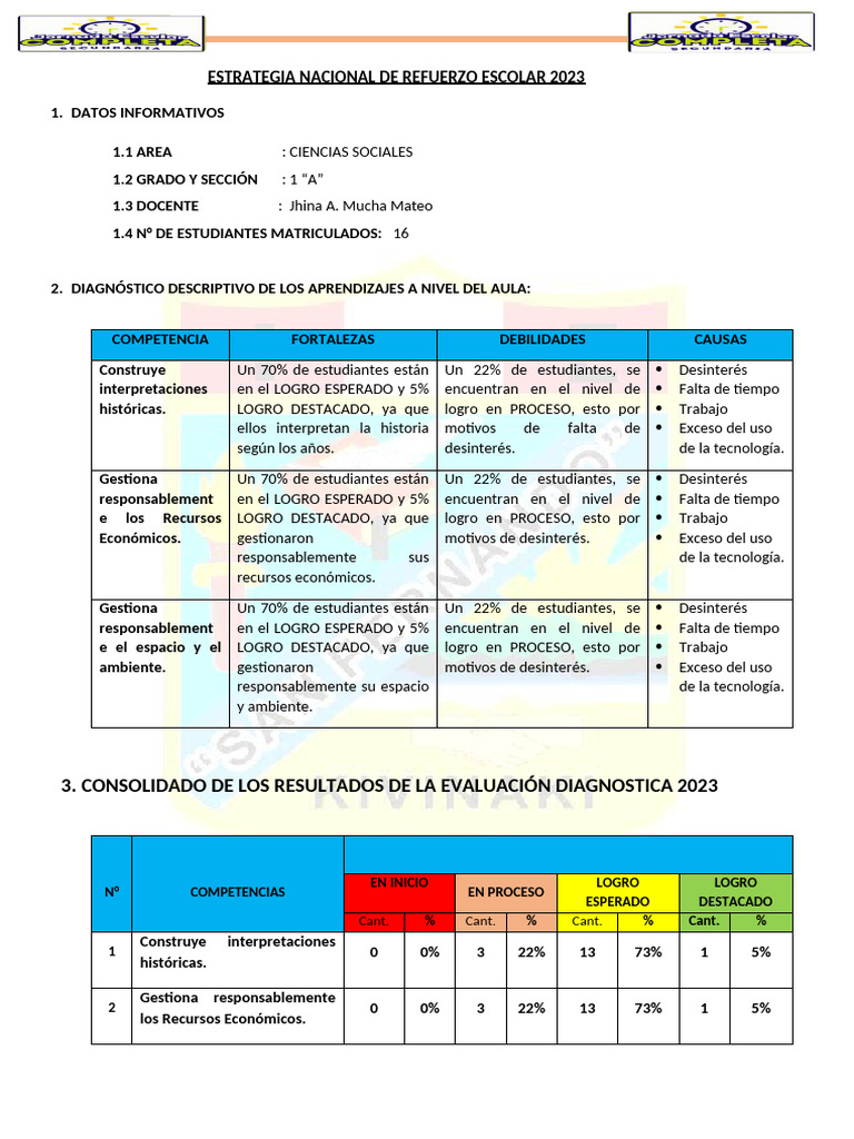 PLAN DE REFUERZO - 1°A | PDF