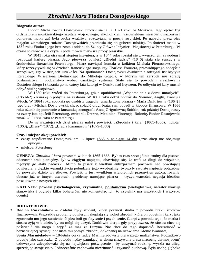ZBRODNIA I KARA Fiodora Dostojewskiego - Notatki | PDF