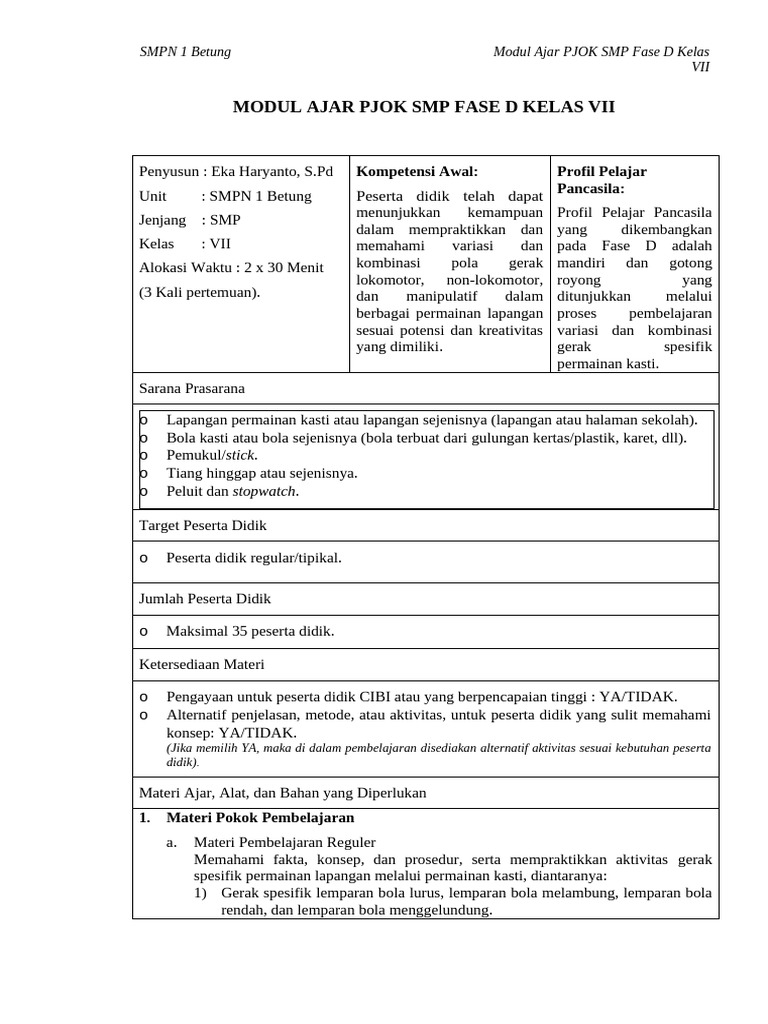 03 Modul Ajar Permainan Kasti - 27 - 07 - 2021 | PDF