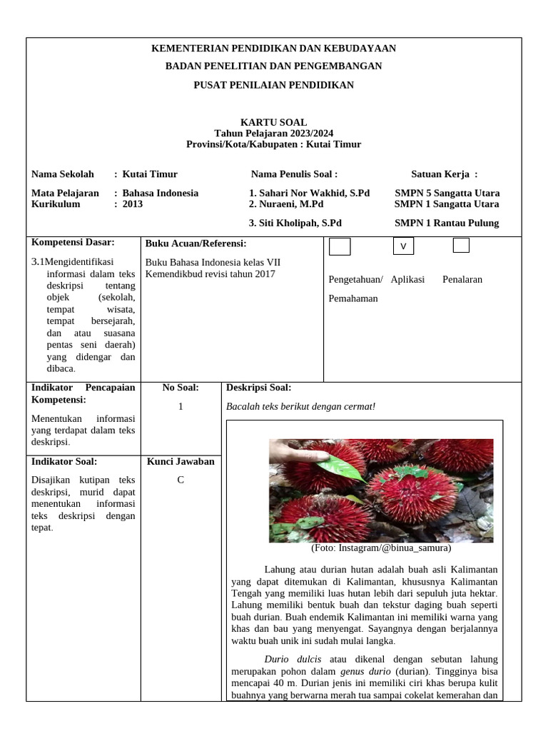 Kartu Soal Paket Utama Us Bindo 2024 | PDF