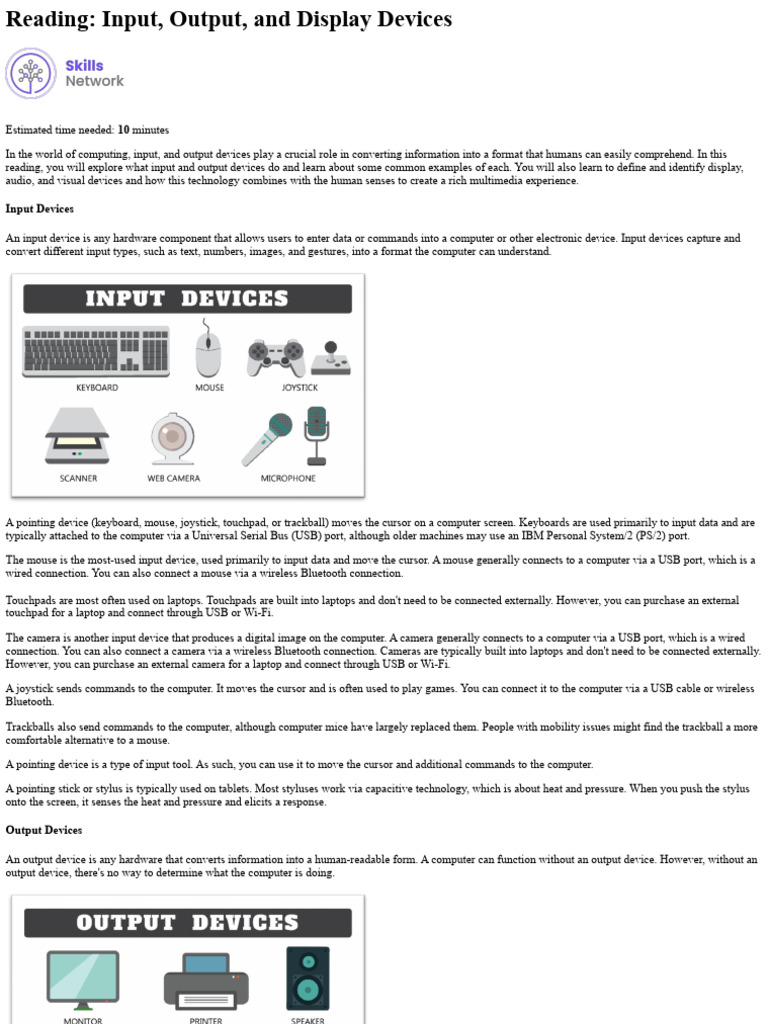 Reading - Input, Output, and Display Devices | PDF