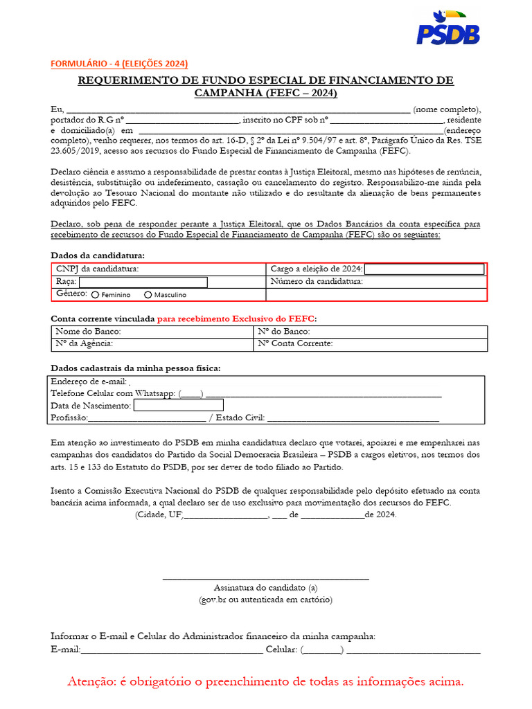FORMULÁRIO 4 - Requerimento FEFC - 2024 - Candidatos e Candidatas ...