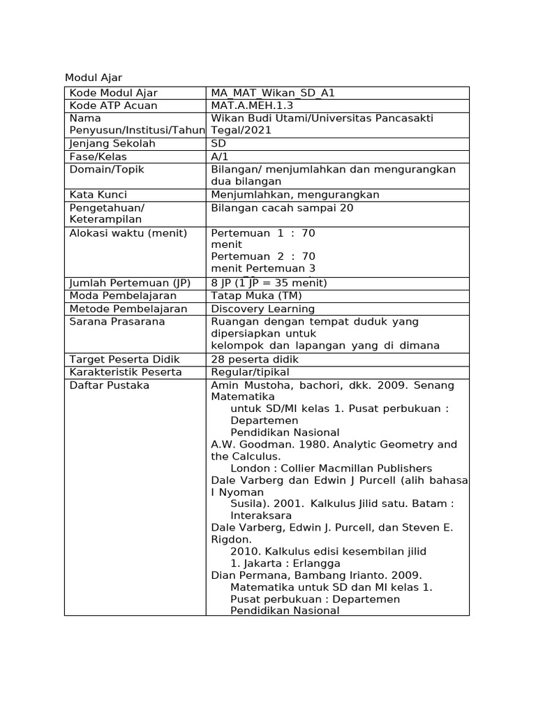 Modul Ajar Matematika - Menjumlahkan Dan Mengurangkan Dua Bilangan Cacah Sampai 20 - Fase A | PDF