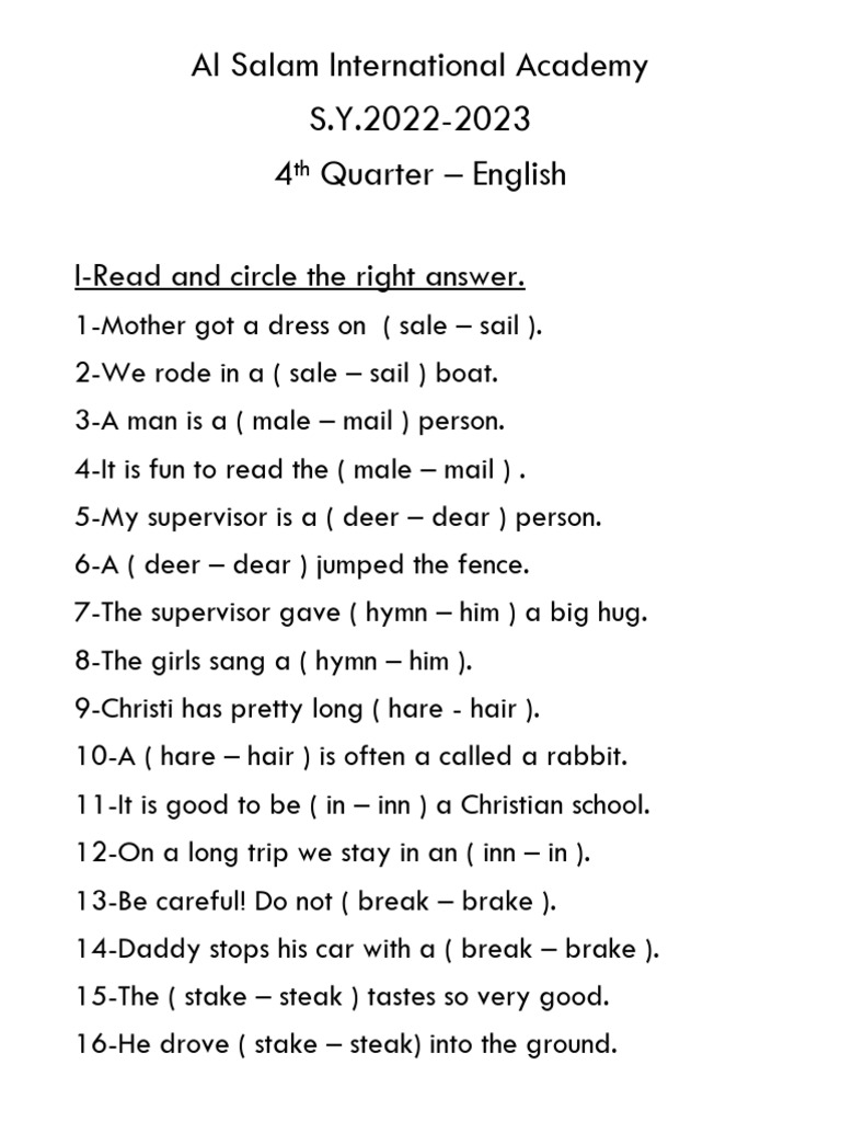Fourth Quarter Grade 1-English | PDF