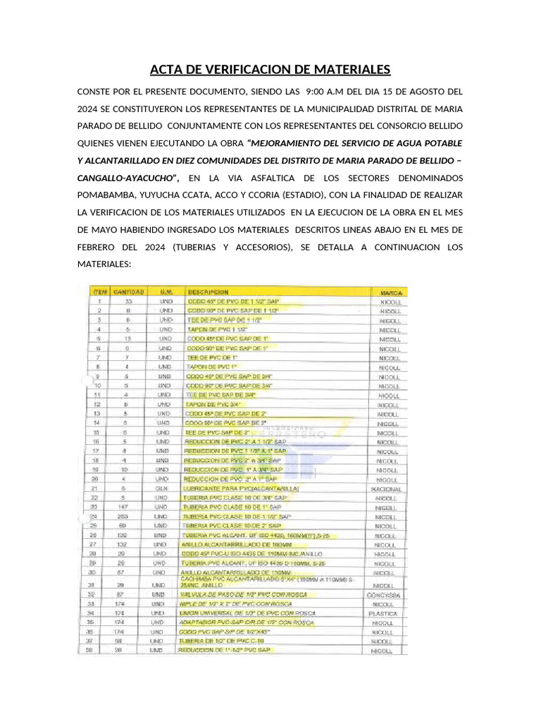 ACTA DE VERIFICACION DE MATERIALES 2 | PDF