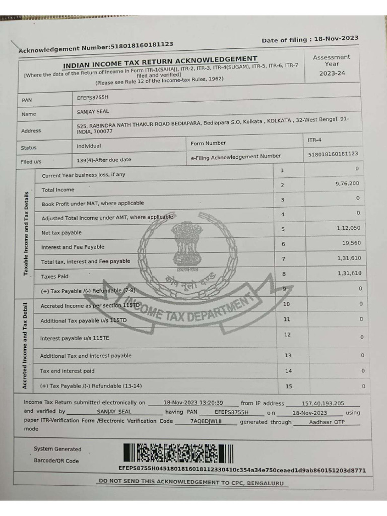Sanjay Seal Itr Receipt | PDF