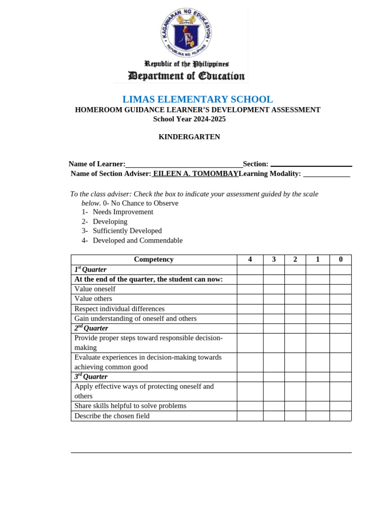 KINDER 'HOMEROOM-GUIDANCE-LEARNERS-DEVELOPMENT-ASSESSMENT-kINDERGARTEN ...