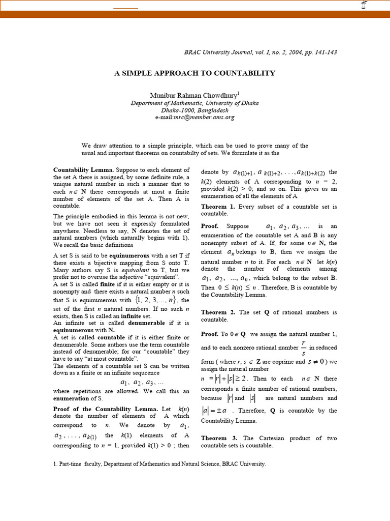 A Simple Approach To Countability: BRAC University Journal, Vol. I, No ...
